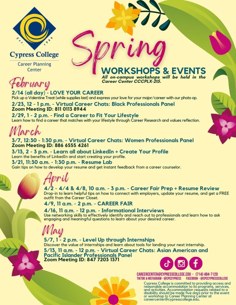 Career Planning Center Spring Workshops & Events - Cypress College