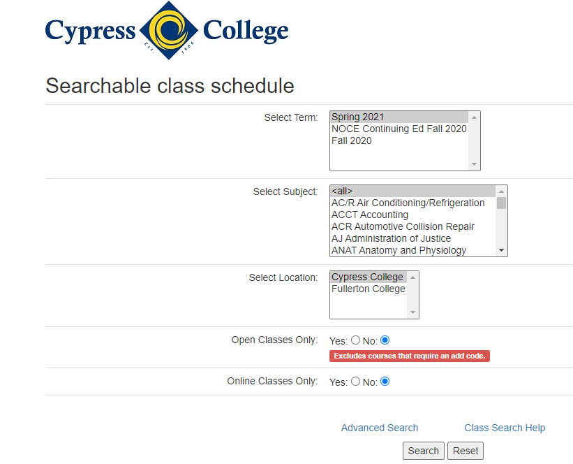 Find Classes - Cypress College