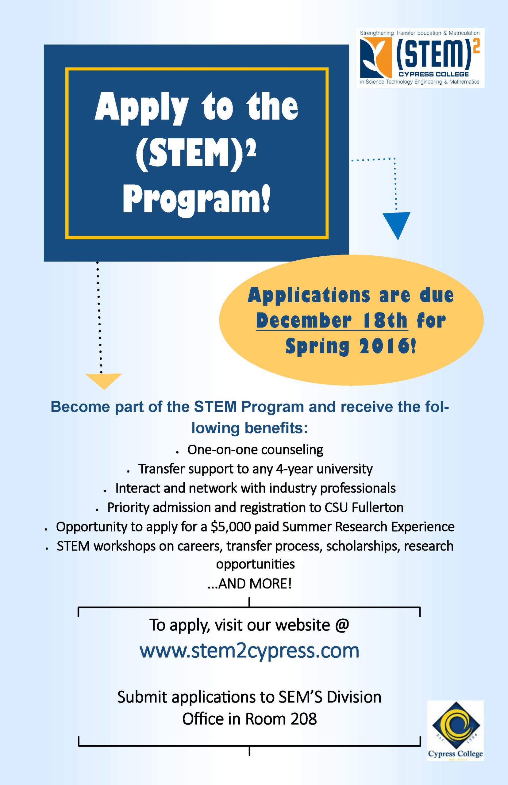 STEM(2) Applications Due Dec.18 - Cypress College